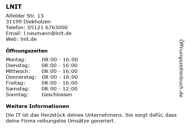 ᐅ Öffnungszeiten „LNIT“ | Alfelder Str. 13 in Diekholzen