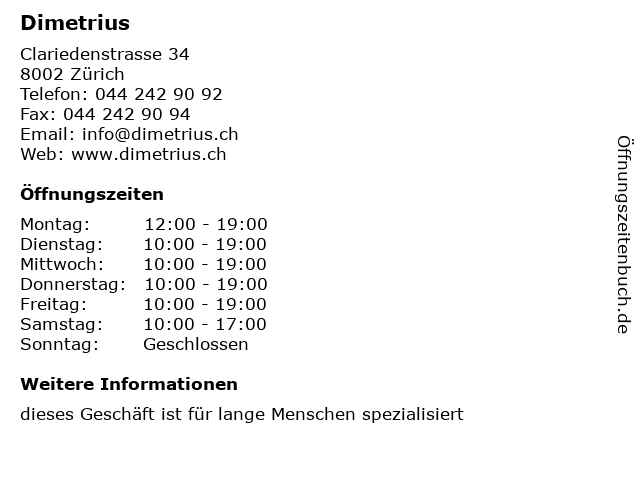 ᐅ Dimetrius in Zürich | Telefonnummer Öffnungszeiten Adresse